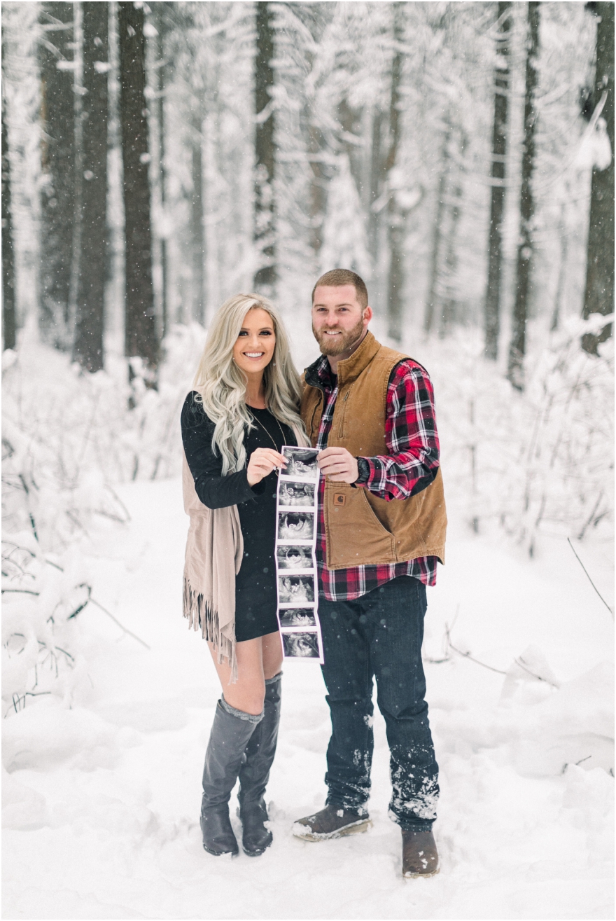 Snowy Baby Announcement with Johnny & Amy at Calaveras Big Trees